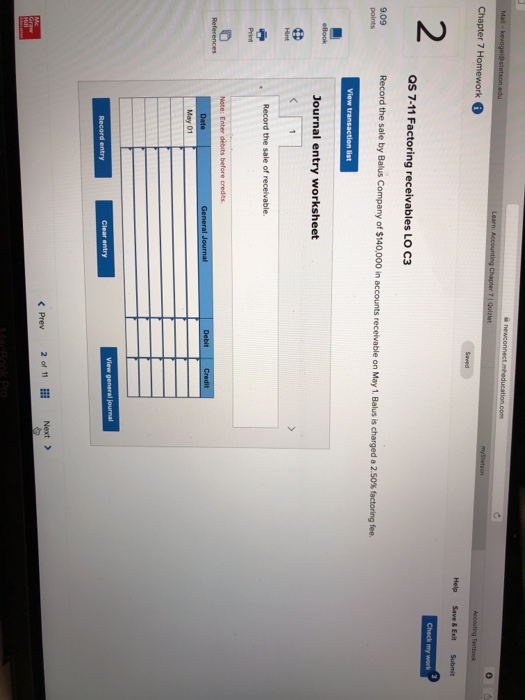 Solved 2 QS 7-11 Factoring receivables LO C3 9.09 Next > 2 | Chegg.com