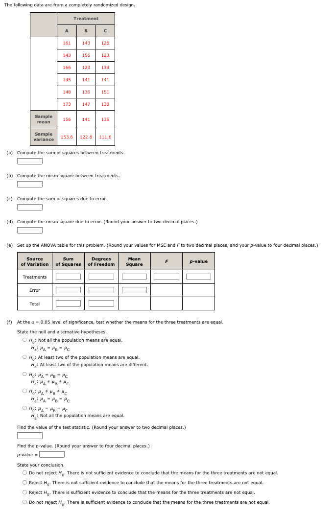Solved The following data are from a completely randomized | Chegg.com
