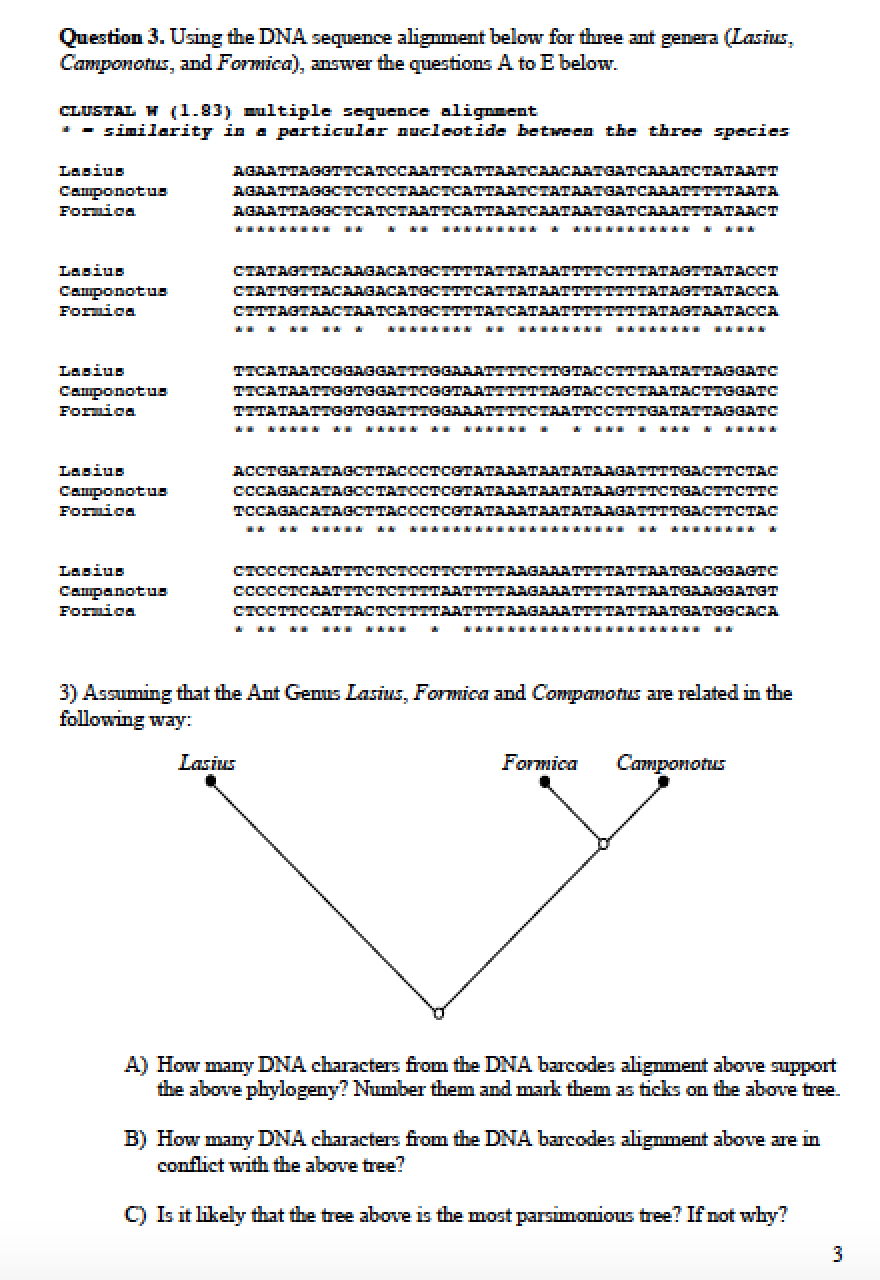 Solved Question 3. Using the DNA sequence aligmment below | Chegg.com