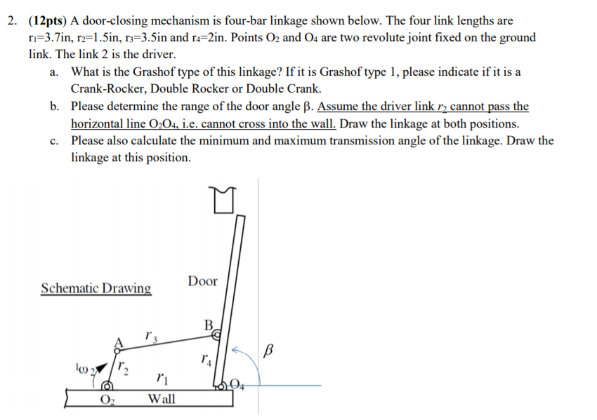 Solved 2. (12 pts) A door-closing mechanism is four-bar | Chegg.com