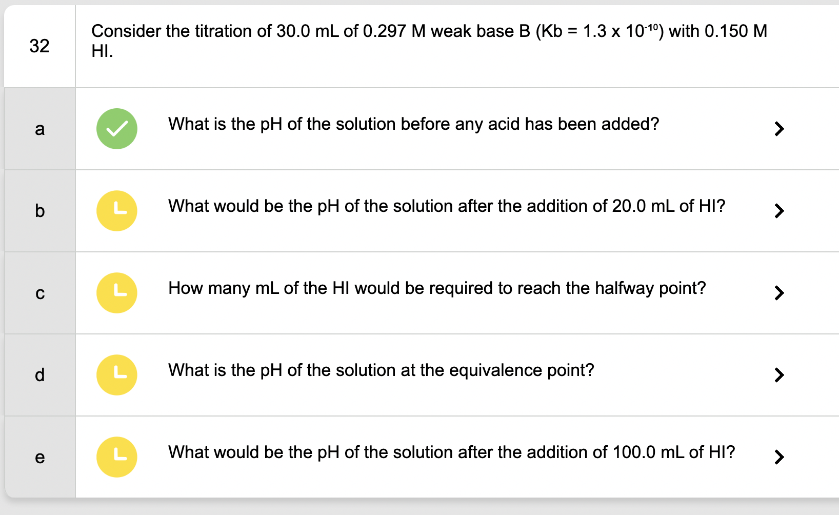 Solved Consider the titration of 30.0 mL of 0.297M weak base | Chegg.com