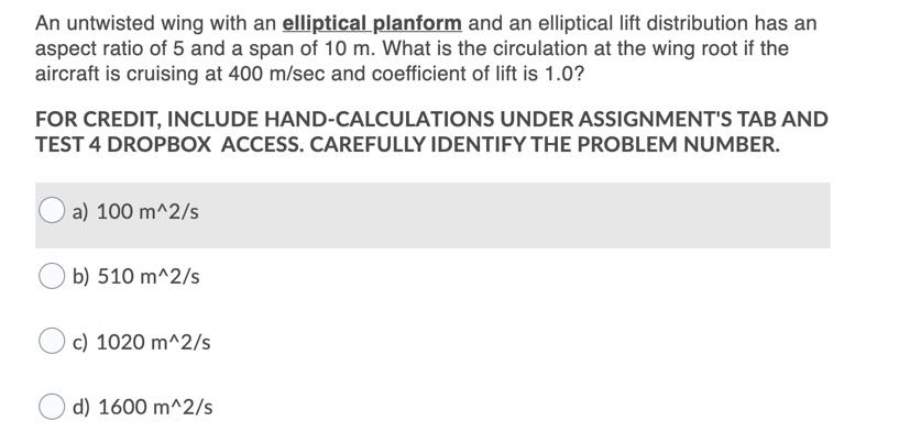 Solved An untwisted wing with an elliptical planform and an | Chegg.com