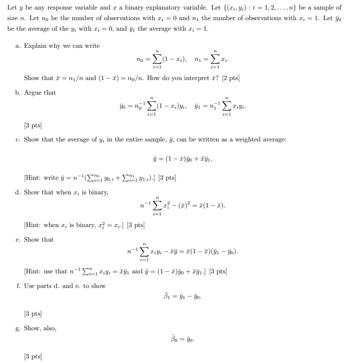 Solved Let Y Be Any Response Variable And X A Binary 0994
