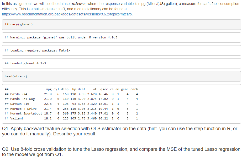 In this assignment, we will use the dataset mtcars, | Chegg.com