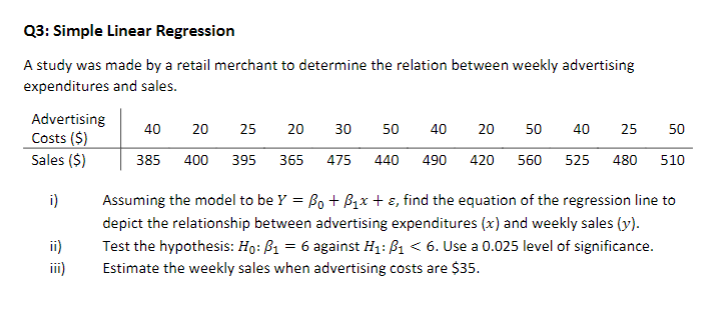 Solved Q3: Simple Linear Regression A study was made by a | Chegg.com