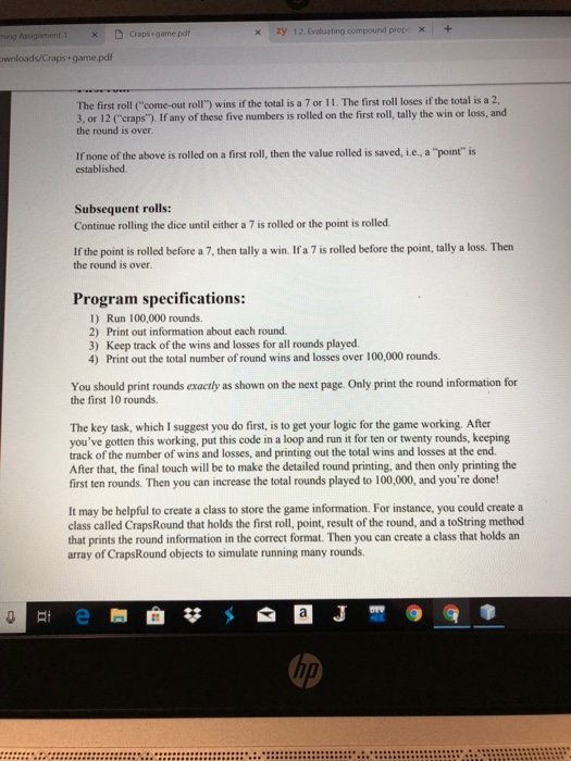 Solved x Craps game pdtf x zy ownloads/Craps+gamepdf Write a | Chegg.com