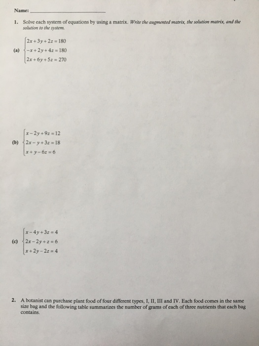 Solved Name: 1. Solve each system of equations by using a | Chegg.com