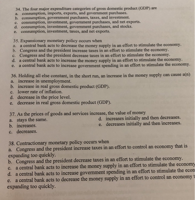 Solved 34. The four major expenditure categories of gross | Chegg.com