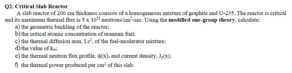 Solved Q2. Critical Slab Reactor A slab reactor of 200 cm | Chegg.com