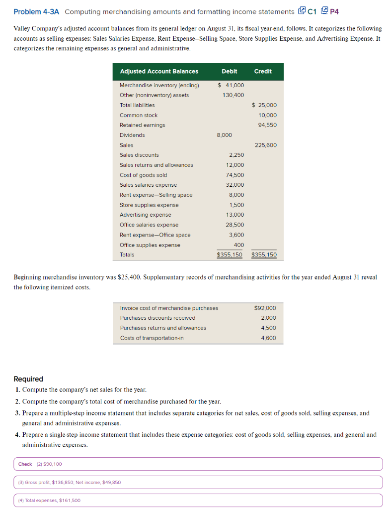 Solved Valley Company's adjusted account balances from its | Chegg.com