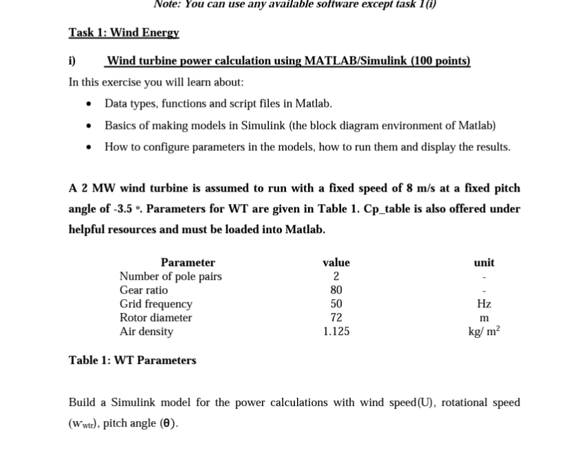 Solved Task 1: Wind Energy i) Wind turbine power calculation | Chegg.com