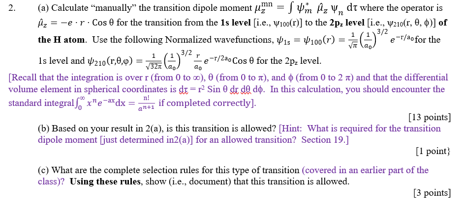 Solved mn = e 2. (a) Calculate "manually" the transition | Chegg.com