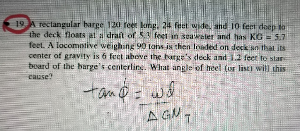 Solved 19 A rectangular barge 120 feet long, 24 feet wide, | Chegg.com