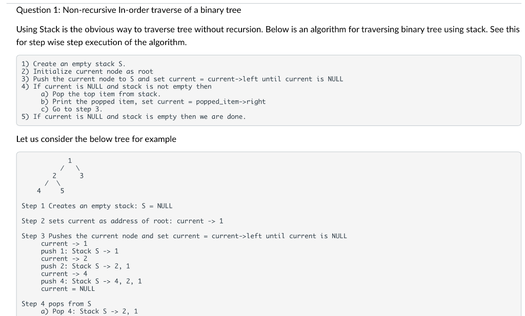 Solved Question 1: Non-recursive In-order traverse of a | Chegg.com