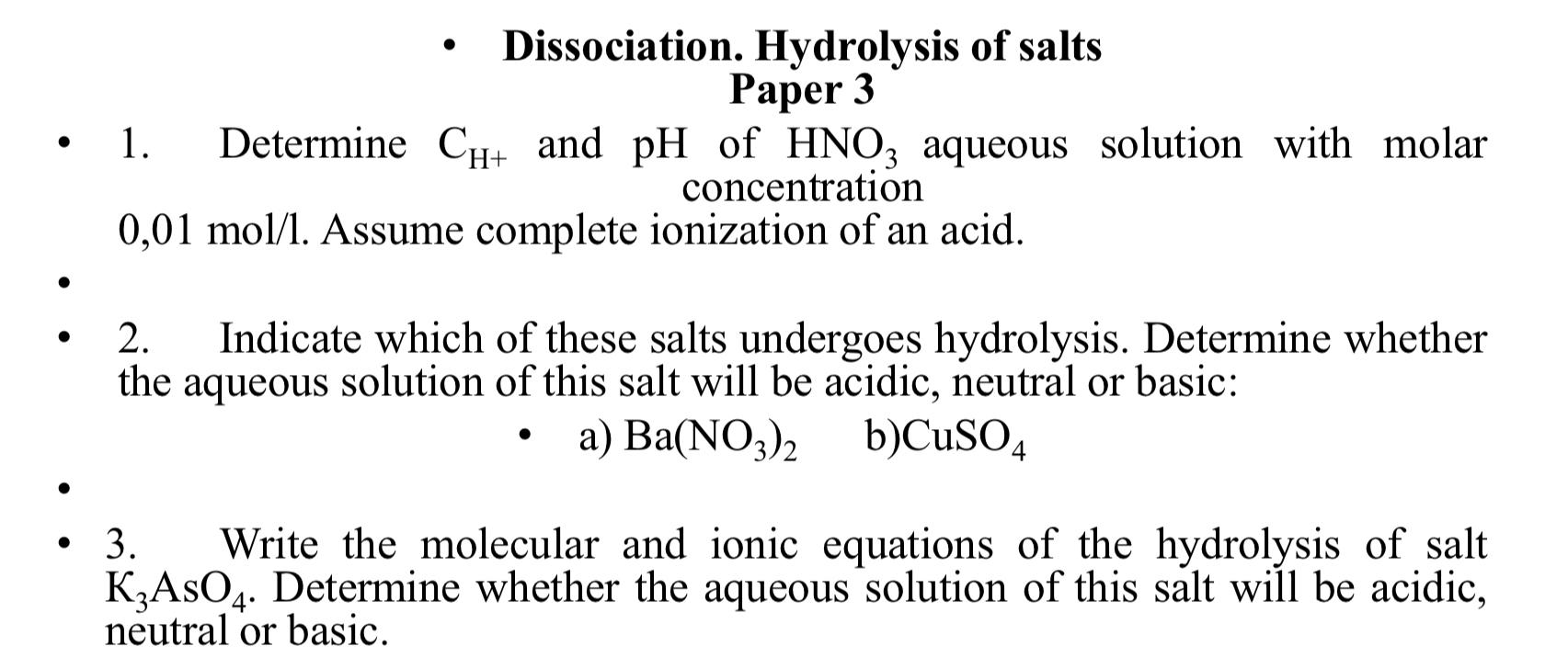 Solved Dissociation. Hydrolysis of salts Paper 3Determine | Chegg.com