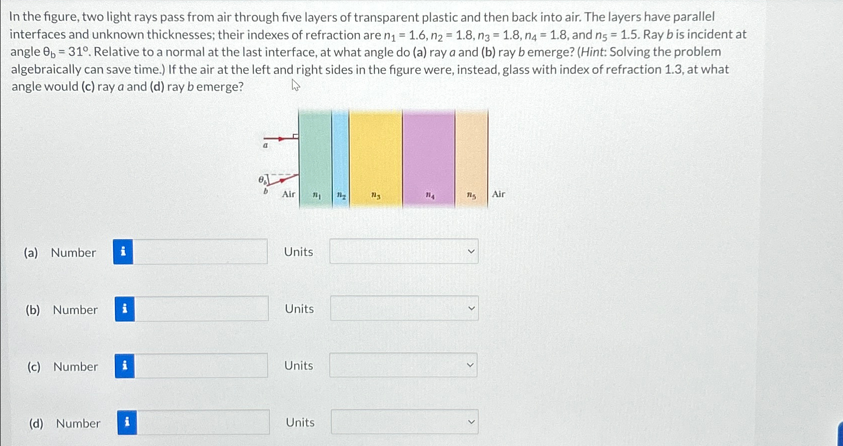 Solved In the figure, two light rays pass from air through | Chegg.com