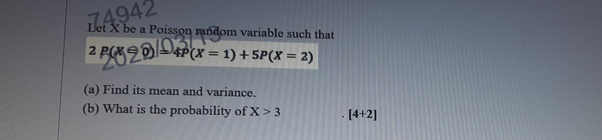 Solved 74942 28(*20/03PC Let X be a Poisson random variable | Chegg.com