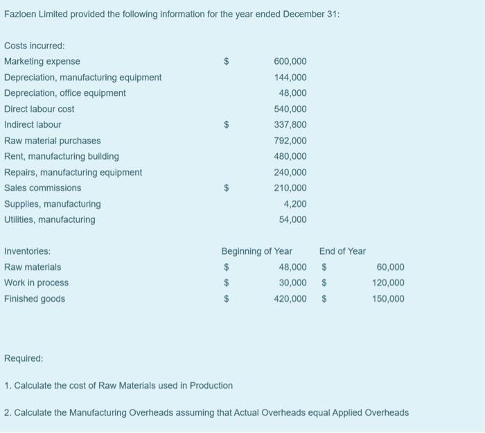 Solved Required: 1. Calculate the cost of Raw Materials used | Chegg.com