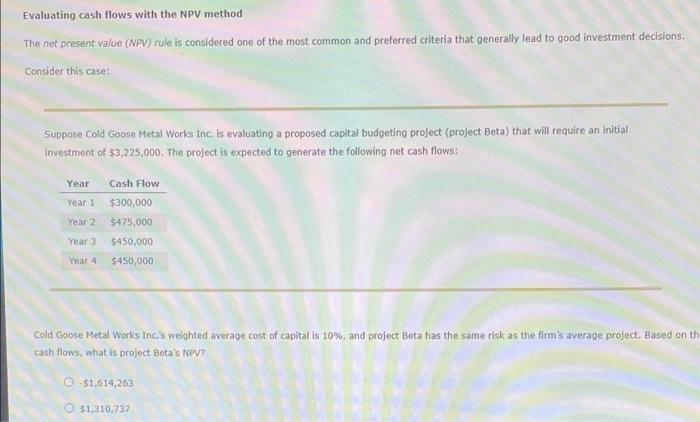 Solved Evaluating cash flows with the NPV method The net | Chegg.com