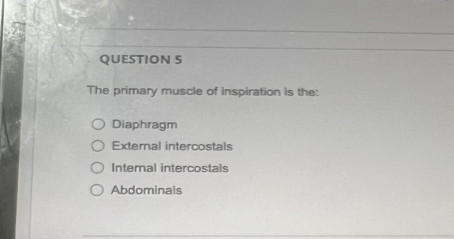 Solved QUESTION 5The primary muscle of inspiration is | Chegg.com