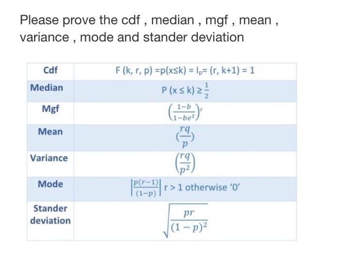 Solved Please prove the cdf, median, mgf, mean , variance , | Chegg.com