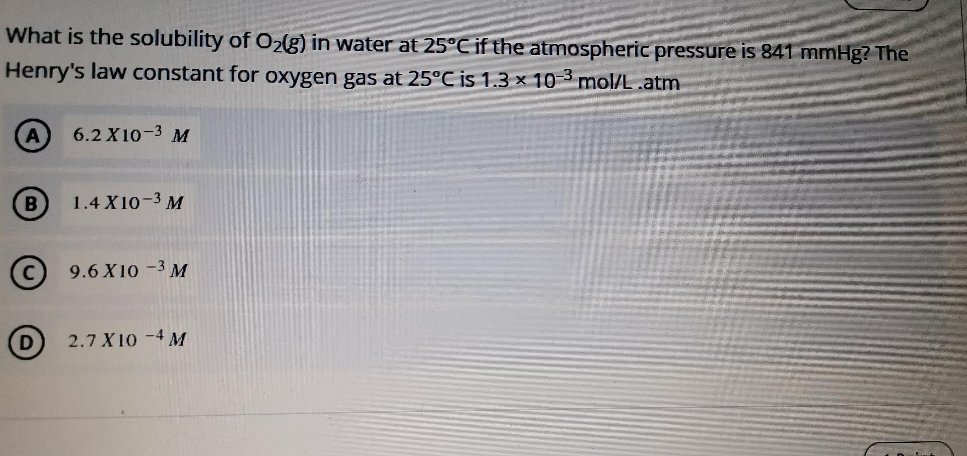 Solved What is the solubility of O2(g) in water at 25°C if | Chegg.com