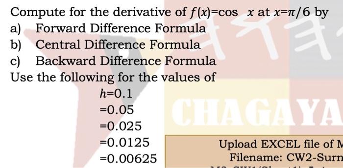 Solved Compute for the derivative of f(x)=cosx at x=π/6 by | Chegg.com