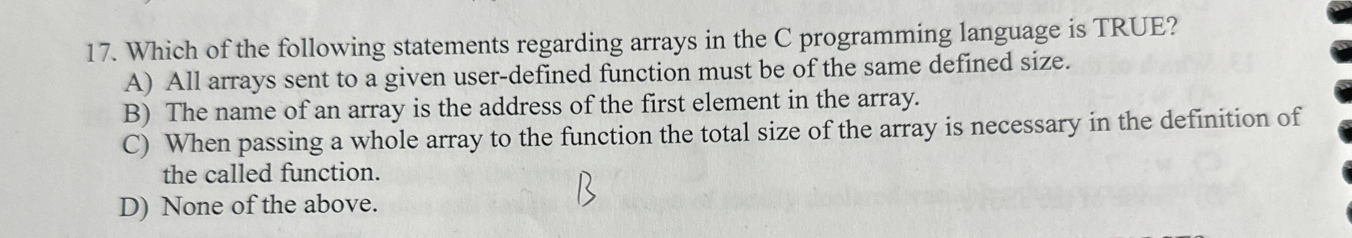 Solved Which of the following statements regarding arrays in | Chegg.com