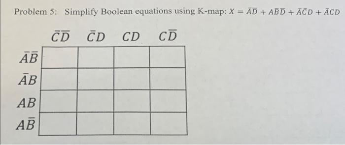 Solved Problem 5: Simplify Boolean equations using K-map: X | Chegg.com