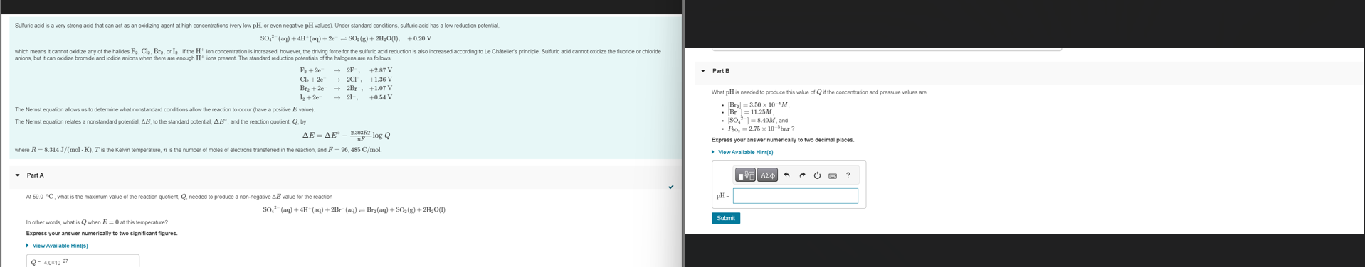 Solved Part BWhat pH ﻿is needed to produce this value of Q | Chegg.com