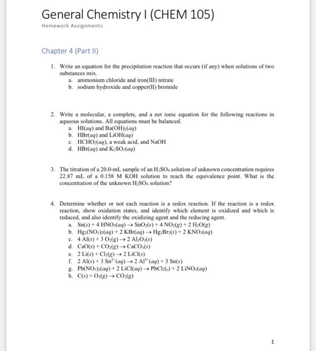 Solved General Chemistry I (CHEM 105) Homework Assignments | Chegg.com