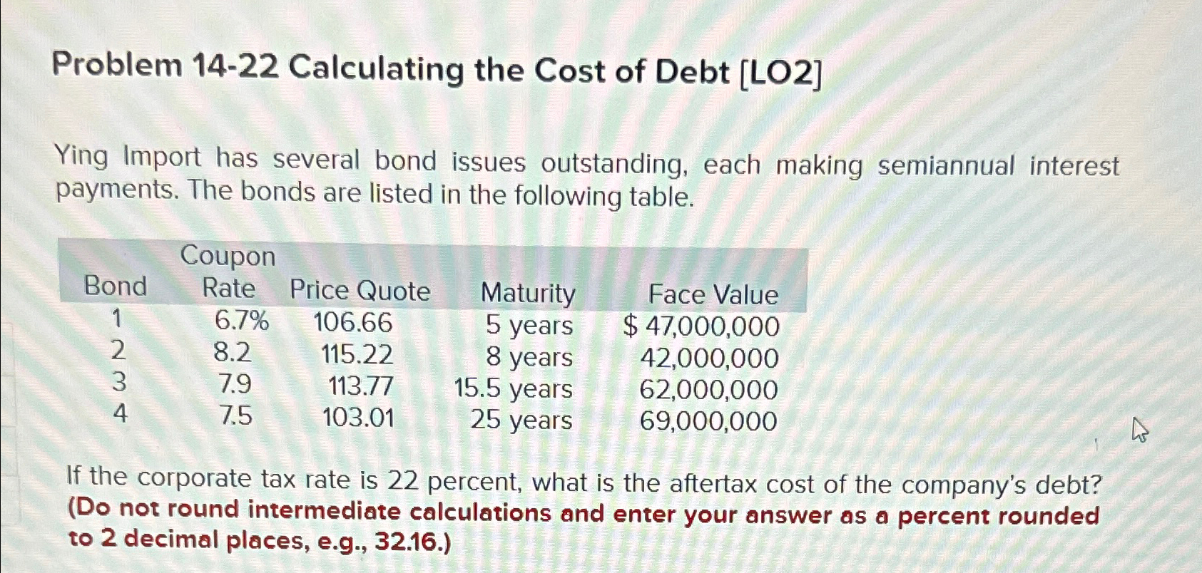 Problem 14-22 ﻿Calculating the Cost of Debt [LO2]Ying | Chegg.com