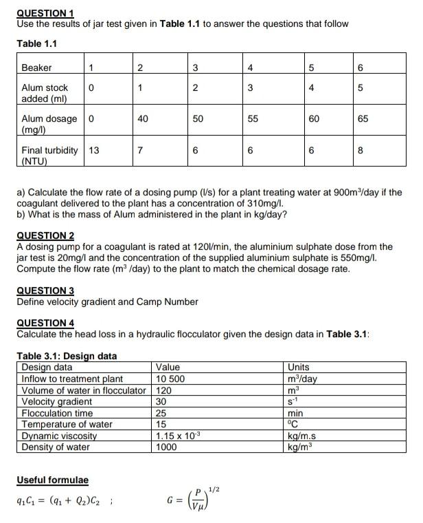 Solved QUESTION 1 Use the results of jar test given in Table | Chegg.com