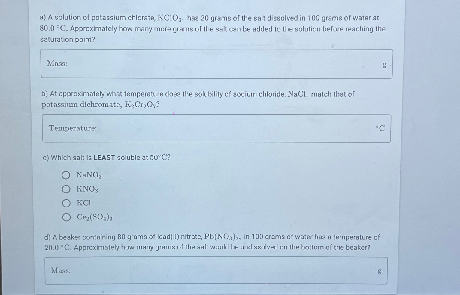 Solved a) ﻿A solution of potassium chlorate, KClO3, ﻿has 20 | Chegg.com