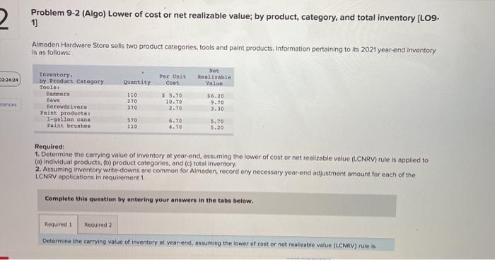 Solved 2 Problem 9-2 (Algo) Lower of cost or net realizable | Chegg.com Solved 2 Problem 9-2 (Algo) Lower of cost or net realizable | Chegg.com