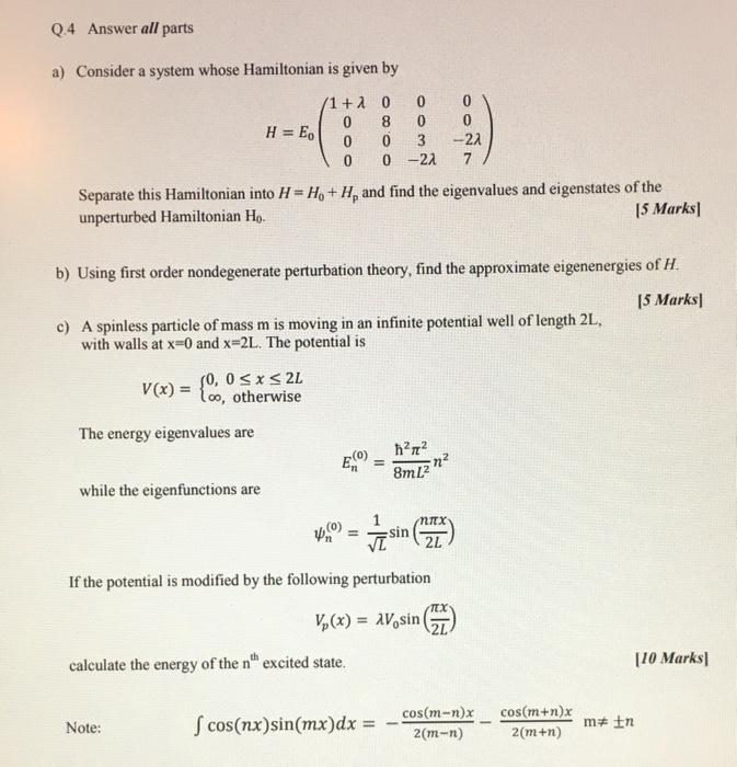 Solved a) Consider a system whose Hamiltonian is given by | Chegg.com