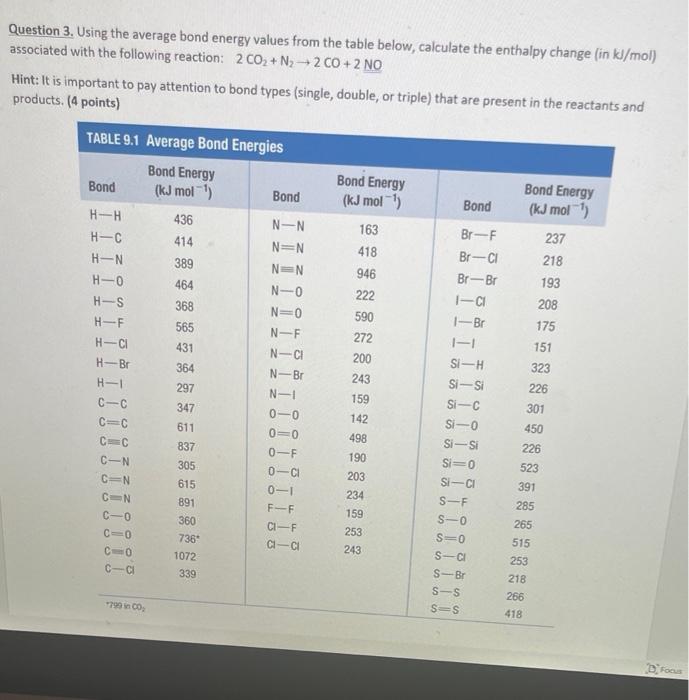 Solved Question 3. Using the average bond energy values from | Chegg.com