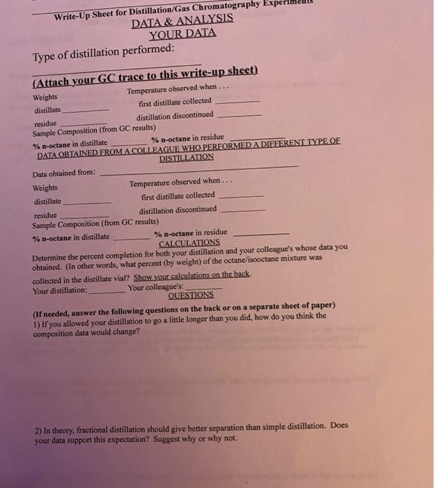 Write-Up Sheet for Distillation/Gas Chromatography | Chegg.com