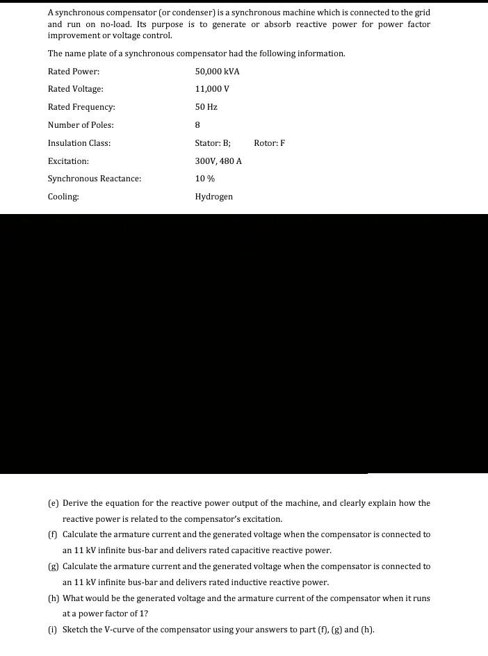 Solved A synchronous compensator (or condenser) is a | Chegg.com