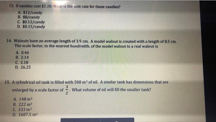Solved 13. 8 candies cost $1.20. What is the unit rate for | Chegg.com