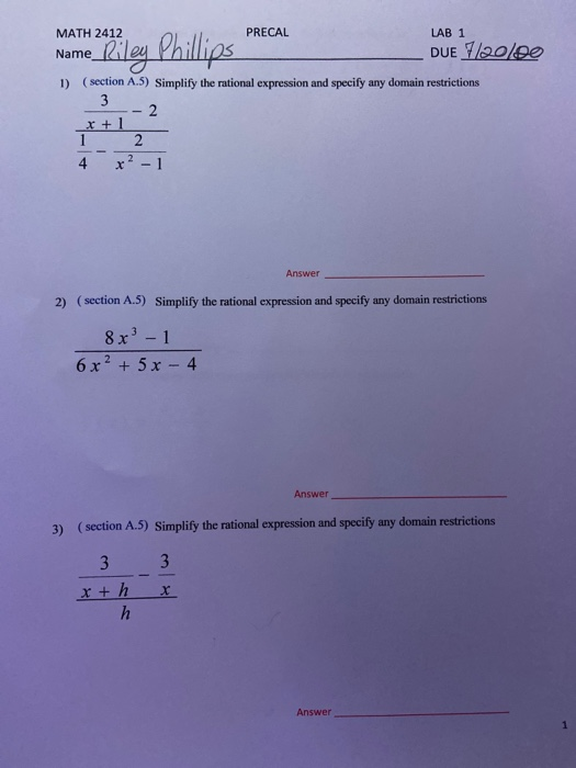 Solved • Riley Phillips MATH 2412 PRECAL LAB 1 Name DUE | Chegg.com