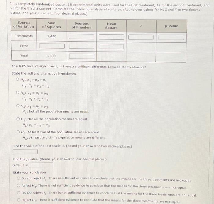 Solved In a completely randomized design, 18 experimental | Chegg.com