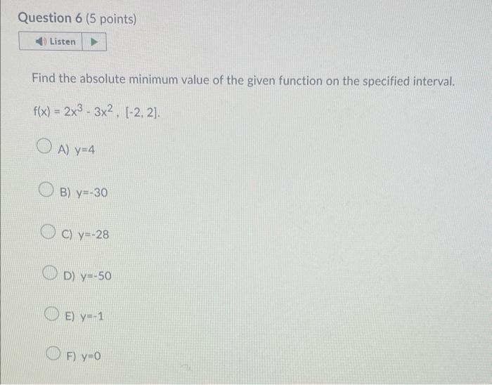 Solved Find the absolute minimum value of the given function | Chegg.com