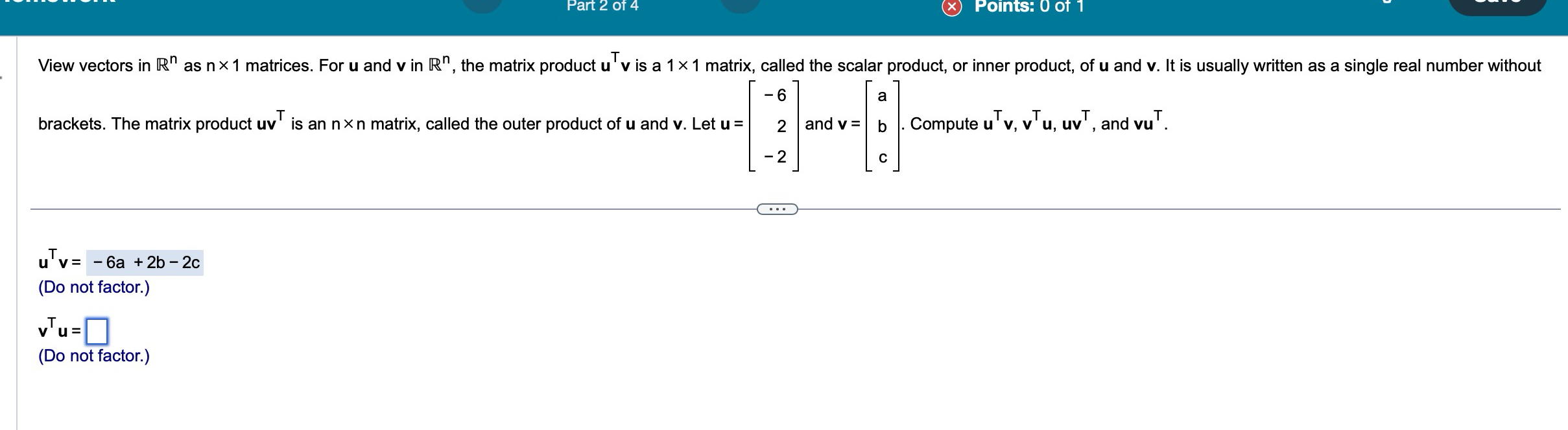 Solved Part 2 ﻿of 4Points: 0 ﻿of 1brackets. The matrix | Chegg.com