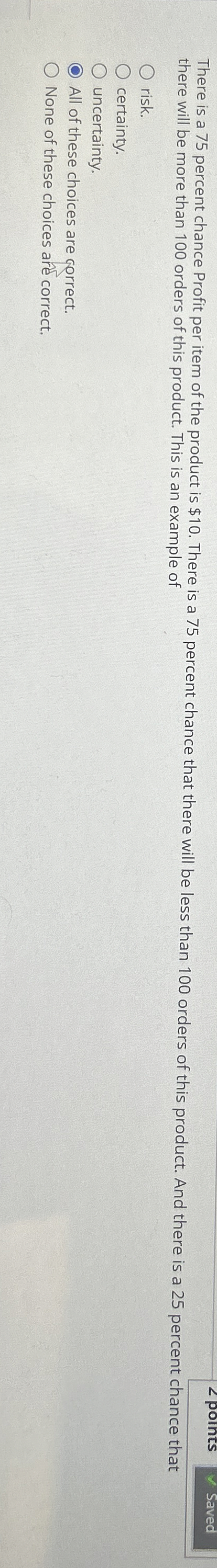 Solved There is a 75 ﻿percent chance Profit per item of the | Chegg.com