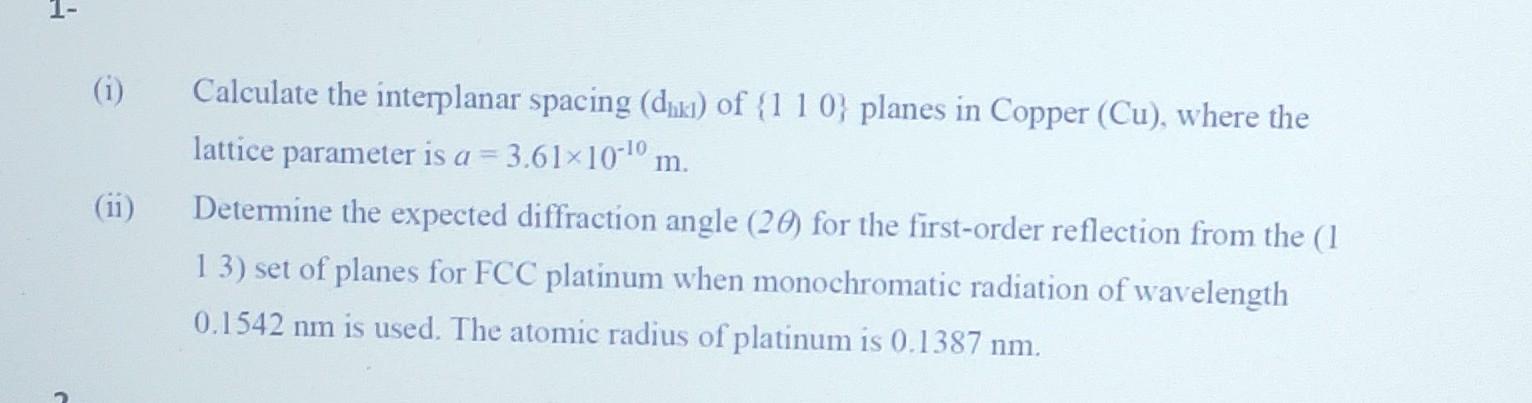 Solved 1- (1) Calculate the interplanar spacing ( d |a1 ) of | Chegg.com