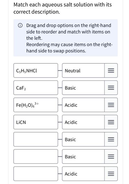Solved Match each aqueous salt solution with its correct | Chegg.com