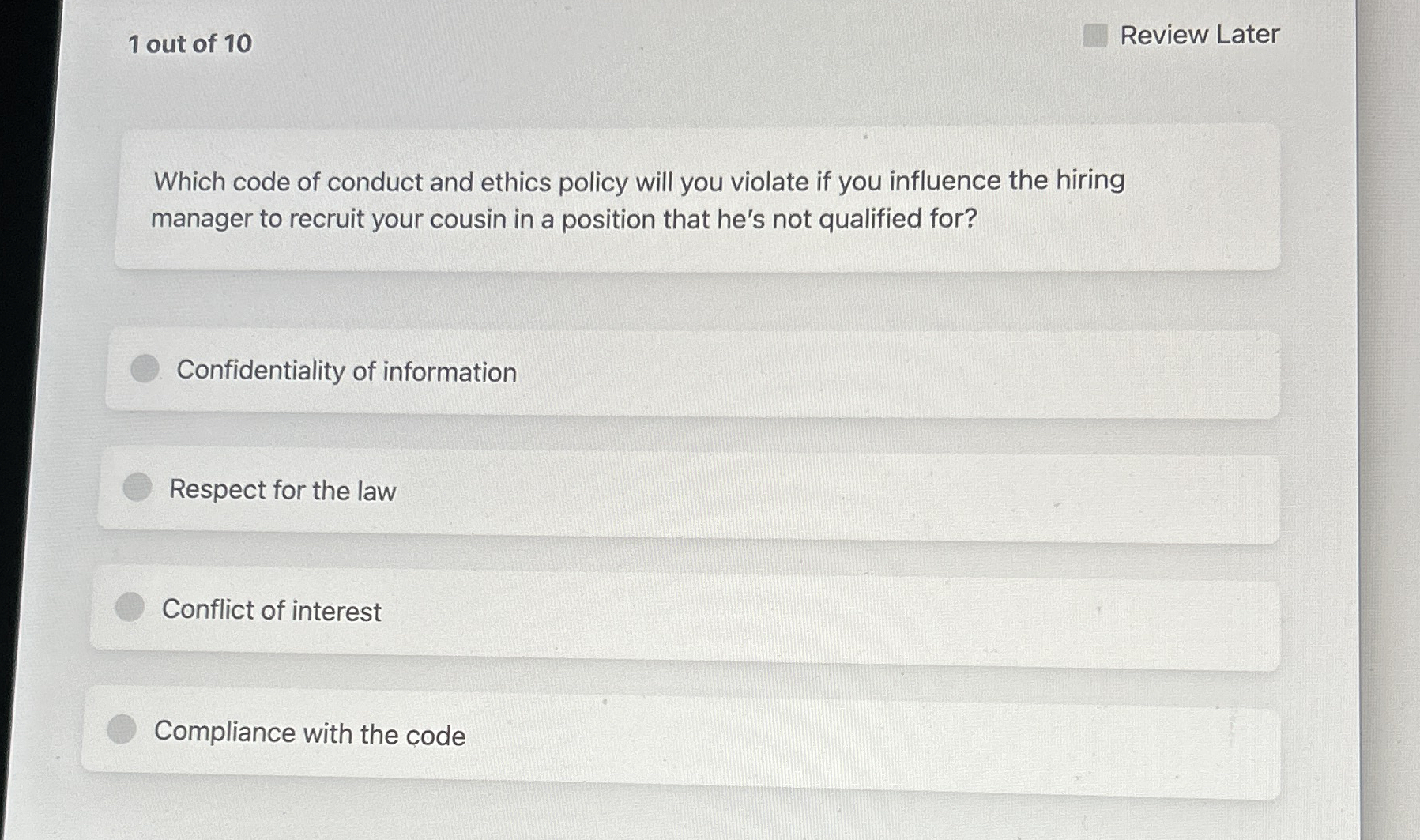 Solved 1 ﻿out of 10Review LaterWhich code of conduct and | Chegg.com