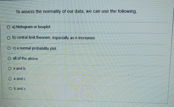 Solved To assess the normality of our data, we can use the | Chegg.com