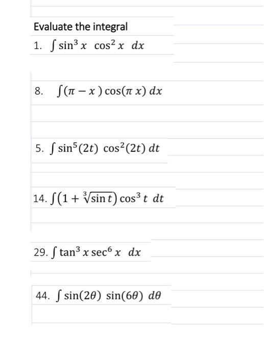 Solved Evaluate the integral 1. ∫sin3xcos2xdx 8. | Chegg.com